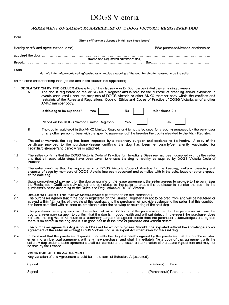 Fillable Online AGREEMENT OF SALE/PURCHASE/LEASE OF A DOGS VICTORIA ...