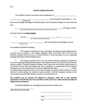 Fillable Online SELLER'S CLOSING CERTIFICATE Fax Email Print - pdfFiller