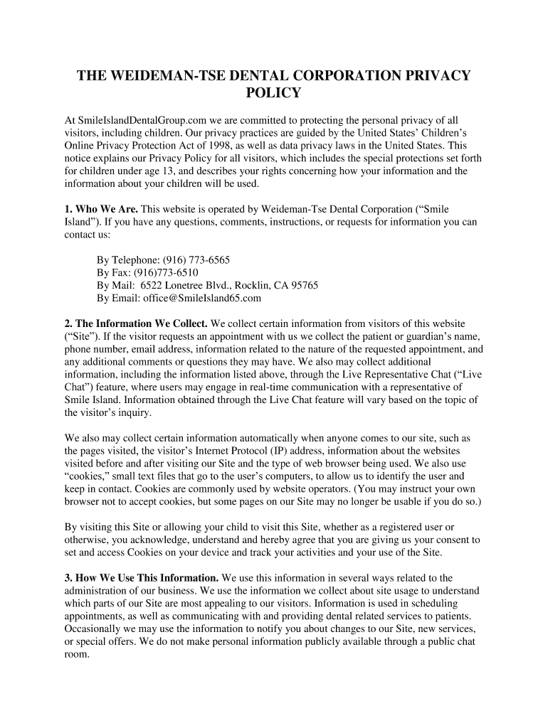 Fillable Online THE WEIDEMAN-TSE DENTAL CORPORATION PRIVACY Fax Email ...