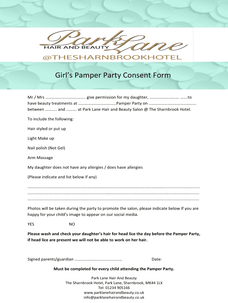 Fillable Online Girls Pamper Party Consent Form Fax Email Print - pdfFiller
