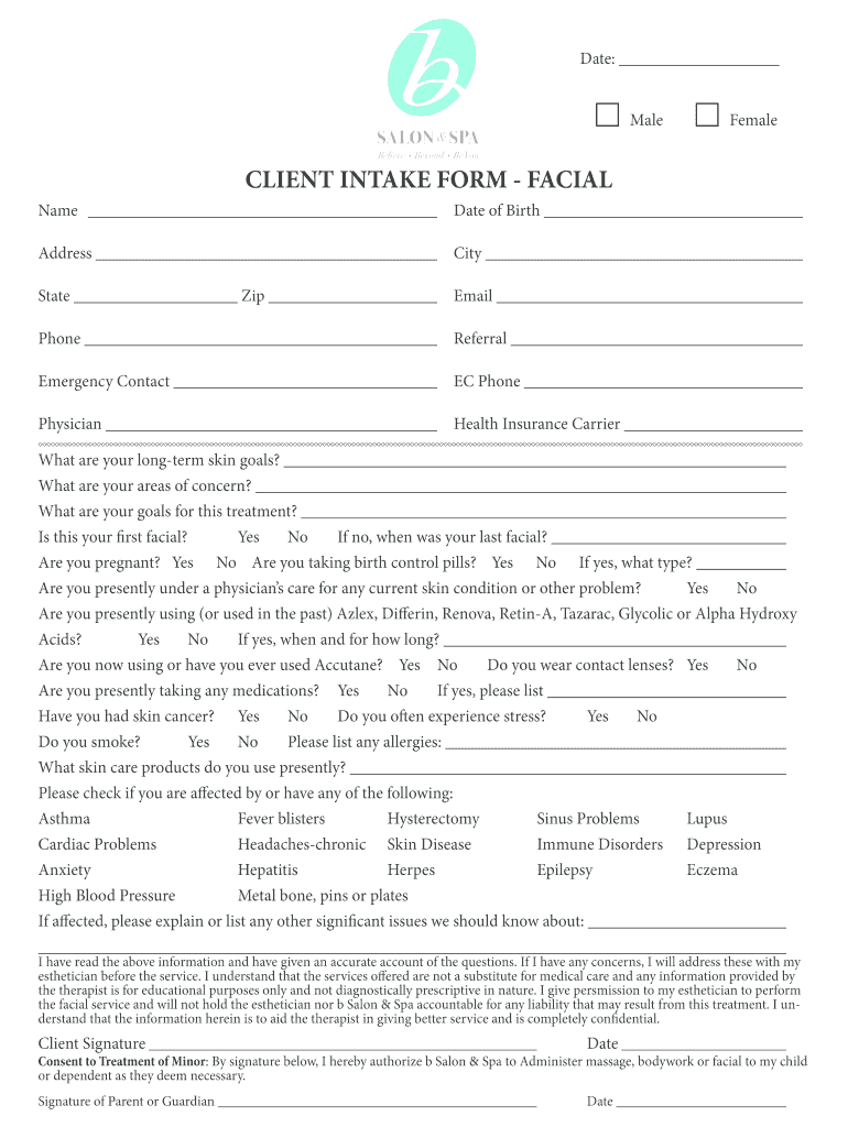 Fillable Online CLIENT INTAKE FORM - FACIAL Fax Email Print - pdfFiller