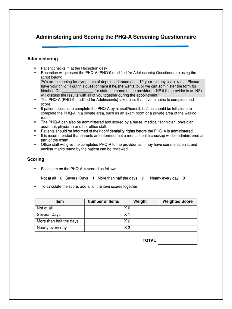 Fillable Online Administering and Scoring the PHQ-A Screening ...