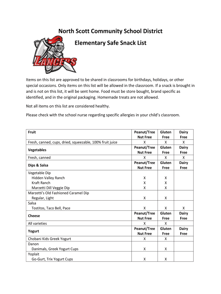 Fillable Online Elementary Safe Snack List Fax Email Print - pdfFiller