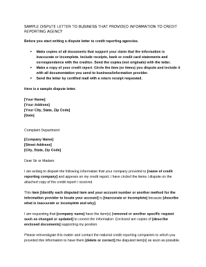 SAMPLE DISPUTE LETTER TO BUSINESS THAT PROVIDED INATION TO CREDIT ...