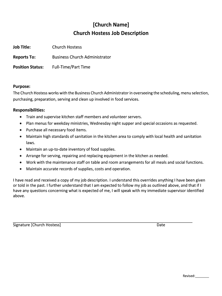 Fillable Online Church Hostess Job Description Fax Email Print - pdfFiller