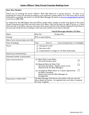 Senior Officers Mess Private Function Booking Doc Template | pdfFiller