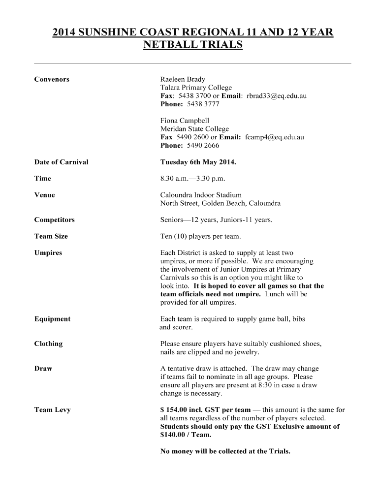 Fillable Online NETBALL TRIALS Fax Email Print - pdfFiller