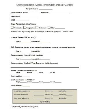 Fillable Online LCTCS CENTRALIZED PAYROLL NOTIFICATION OF FINAL PAY ...