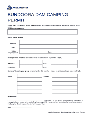 BUNDOORA DAM CAMPING PERMIT Doc Template | pdfFiller