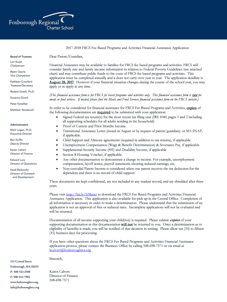Fillable Online 2017-2018 FRCS Fee Based Programs and Activities Financial Assistance ...