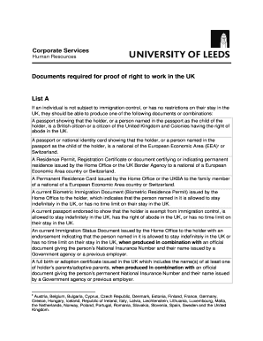 Fillable Online hr leeds ac Documents required for proof of right to ...