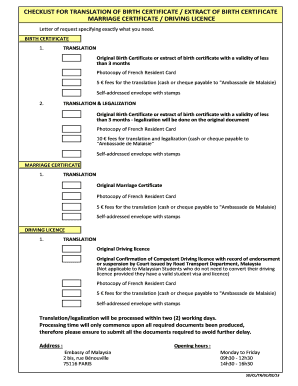 Fillable Online CHECKLIST FOR TRANSLATION OF BIRTH CERTIFICATE ...