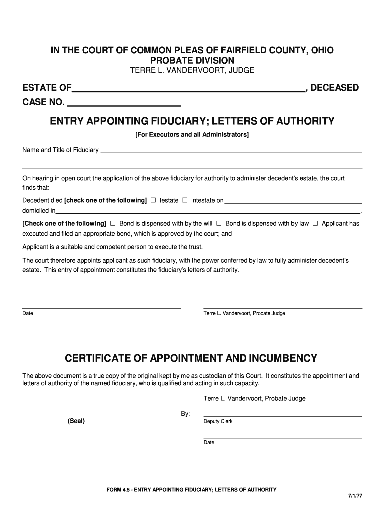 Fillable Online ENTRY APPOINTING FIDUCIARY; LETTERS OF AUTHORITY Fax ...