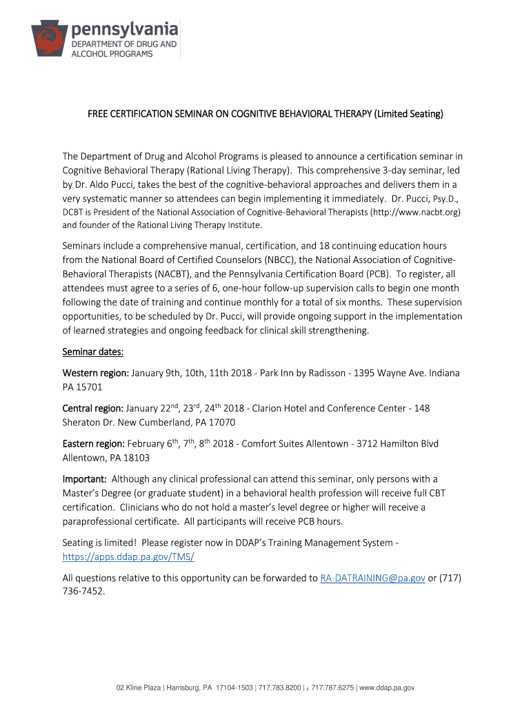 Fillable Online FREE CERTIFICATION SEMINAR ON COGNITIVE BEHAVIORAL THERAPY (Limited Seating) Fax ...