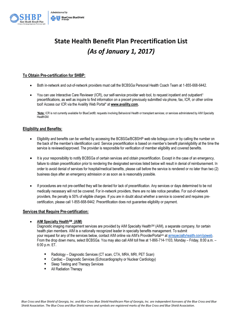 Fillable Online State Health Benefit Plan Precertification List Fax ...