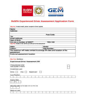 RoSPA Experienced Driver Assessment Application Doc Template | pdfFiller