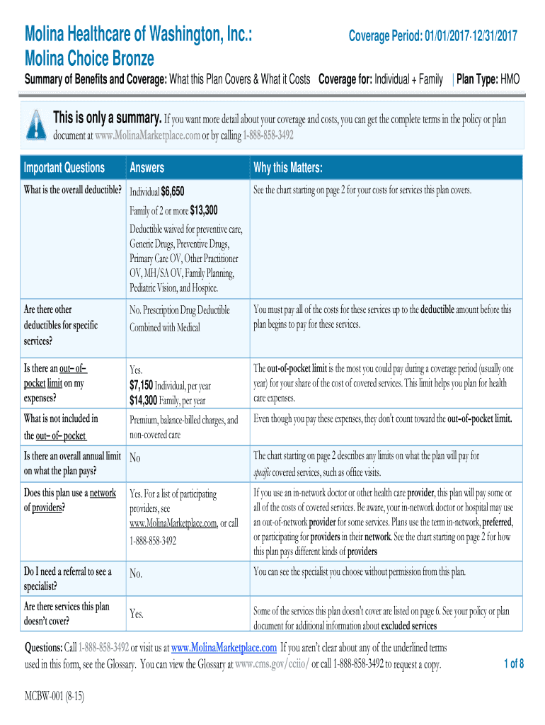 Fillable Online Summary of Benefits and Coverage: What this Plan Covers ...