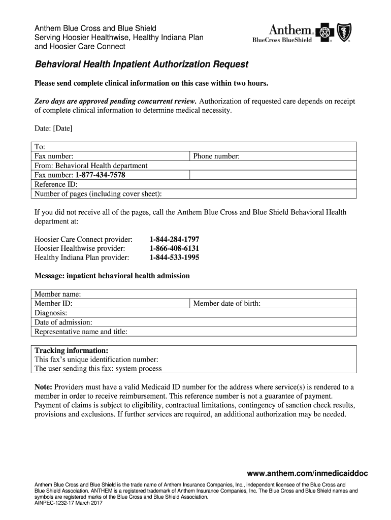 Fillable Online Behavioral Health Inpatient Authorization Request Fax ...