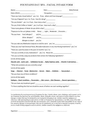 Fillable Online FOUNTAINS DAY SPA - FACIAL INTAKE FORM Fax Email Print ...