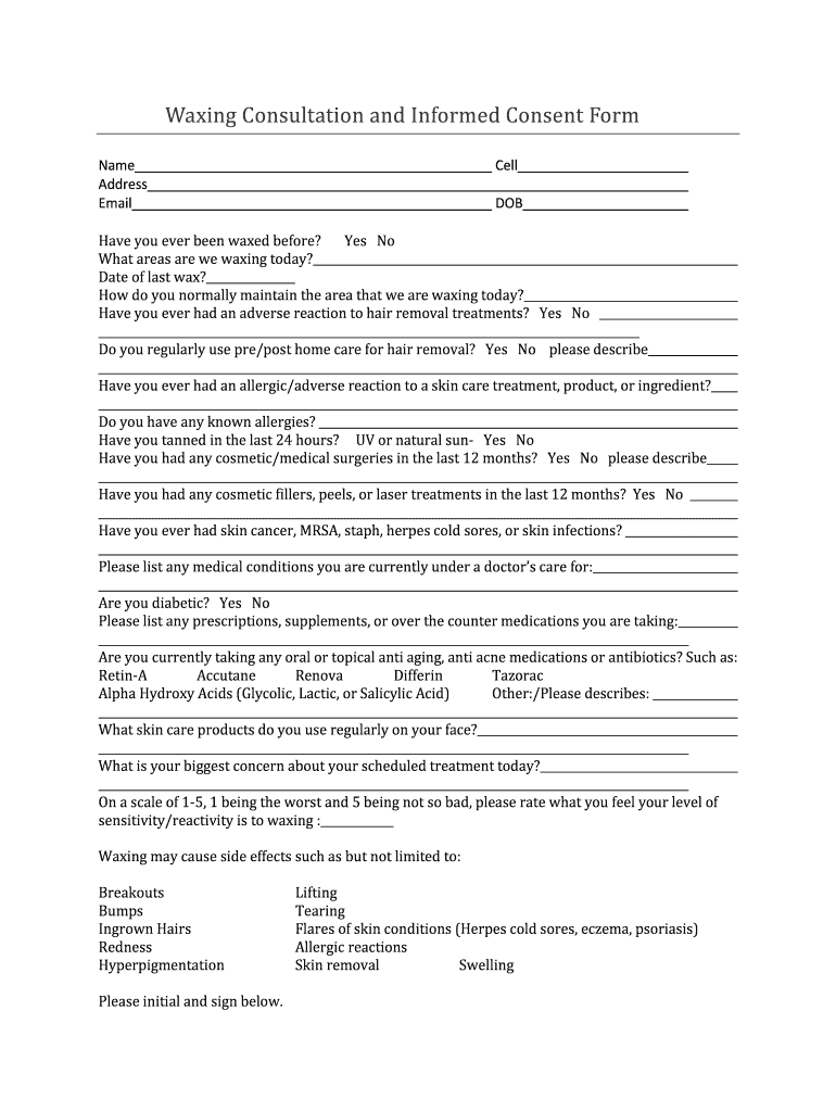 Fillable Online Waxing Consultation and Informed Consent Form Fax Email ...