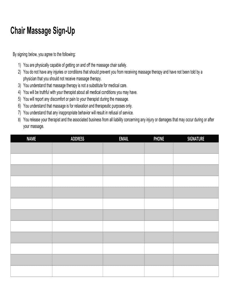Chair Massage Sign Up Sheet Fill Online Printable Fillable Blank 