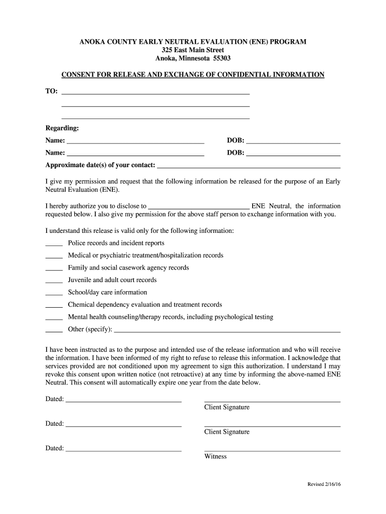 Fillable Online ANOKA COUNTY EARLY NEUTRAL EVALUATION (ENE) PROGRAM Fax ...