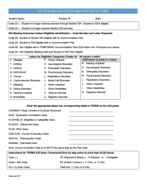 Fillable Online SECTION 504/ADA CODES AND DATA ENTRY FORM Fax Email ...