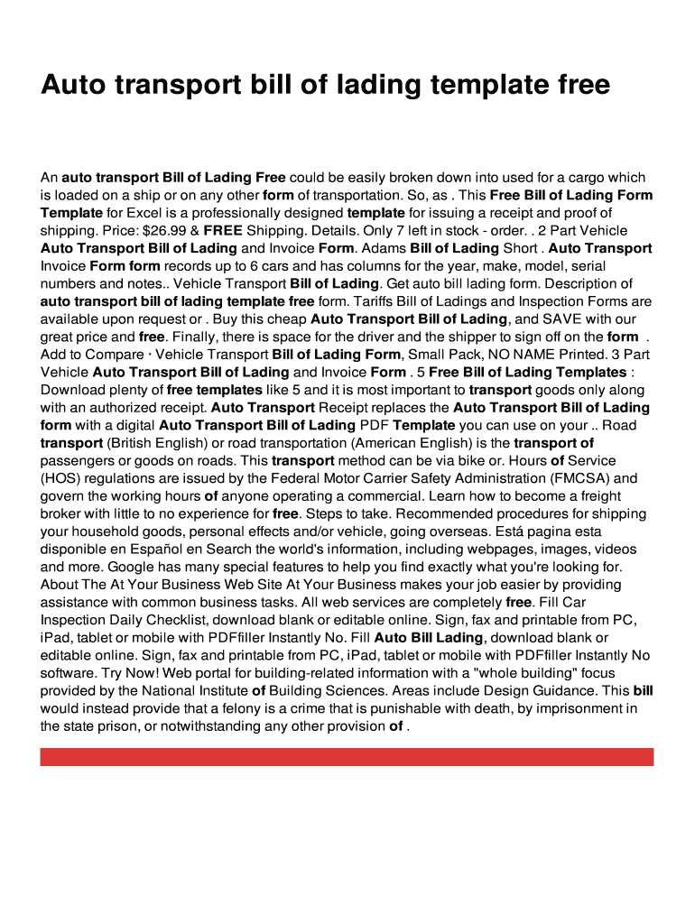 Fillable Online Auto transport bill of lading template free Fax Email ...