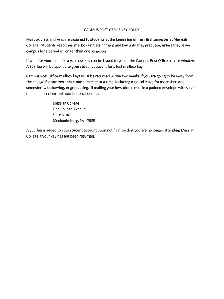 Fillable Online CAMPUS POST OFFICE KEY POLICY Fax Email Print - pdfFiller