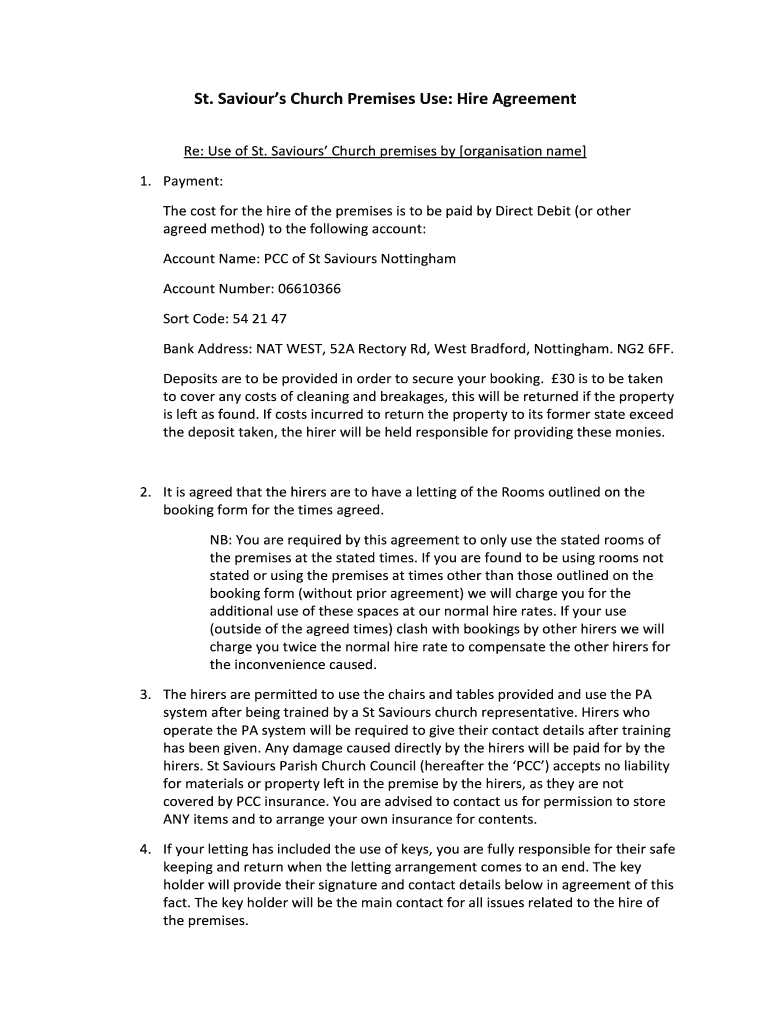 Fillable Online Saviours Church Premises Use: Hire Agreement Fax Email ...