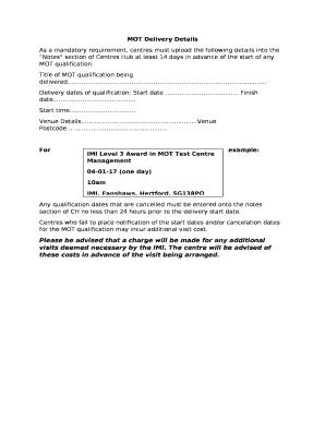 MOT Delivery Details - awarding theimi org Doc Template | pdfFiller