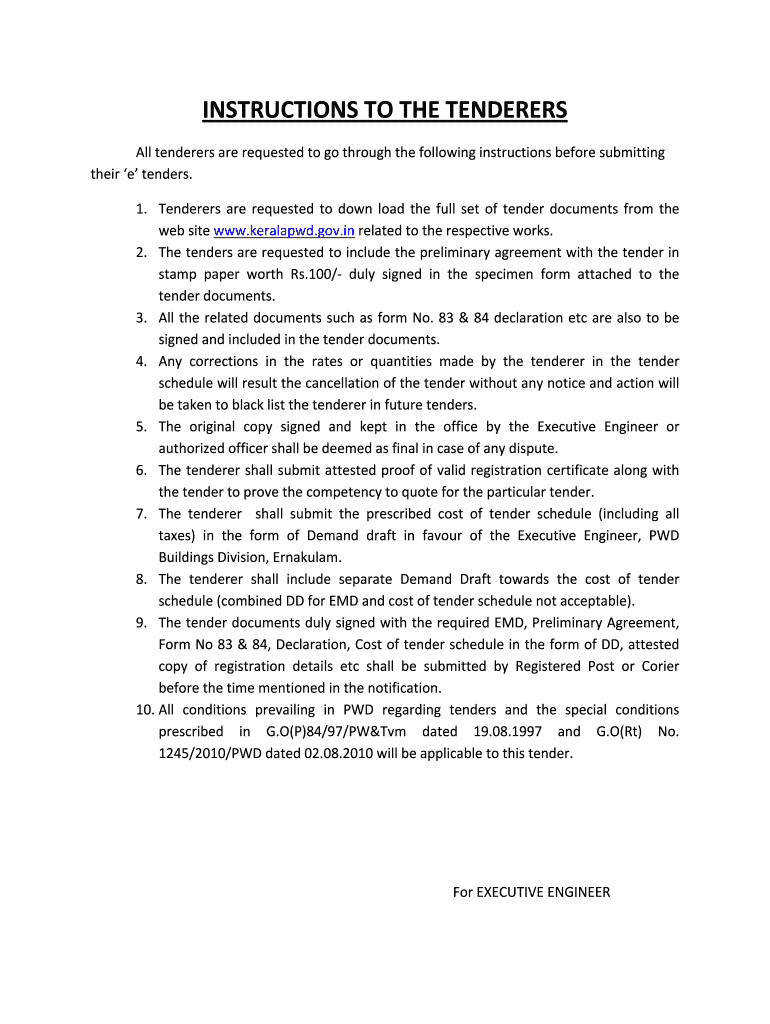 Fillable Online Tenderers are requested to down load the full set of tender documents from the ...
