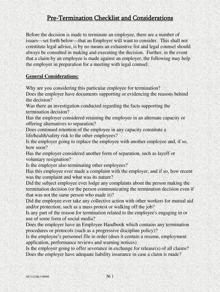Fillable Online Pre-Termination Checklist and Considerations Fax Email ...