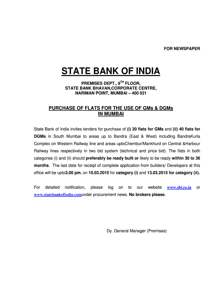 Fillable Online State Bank of India Corporate Centre, State Bank Bhavan ...