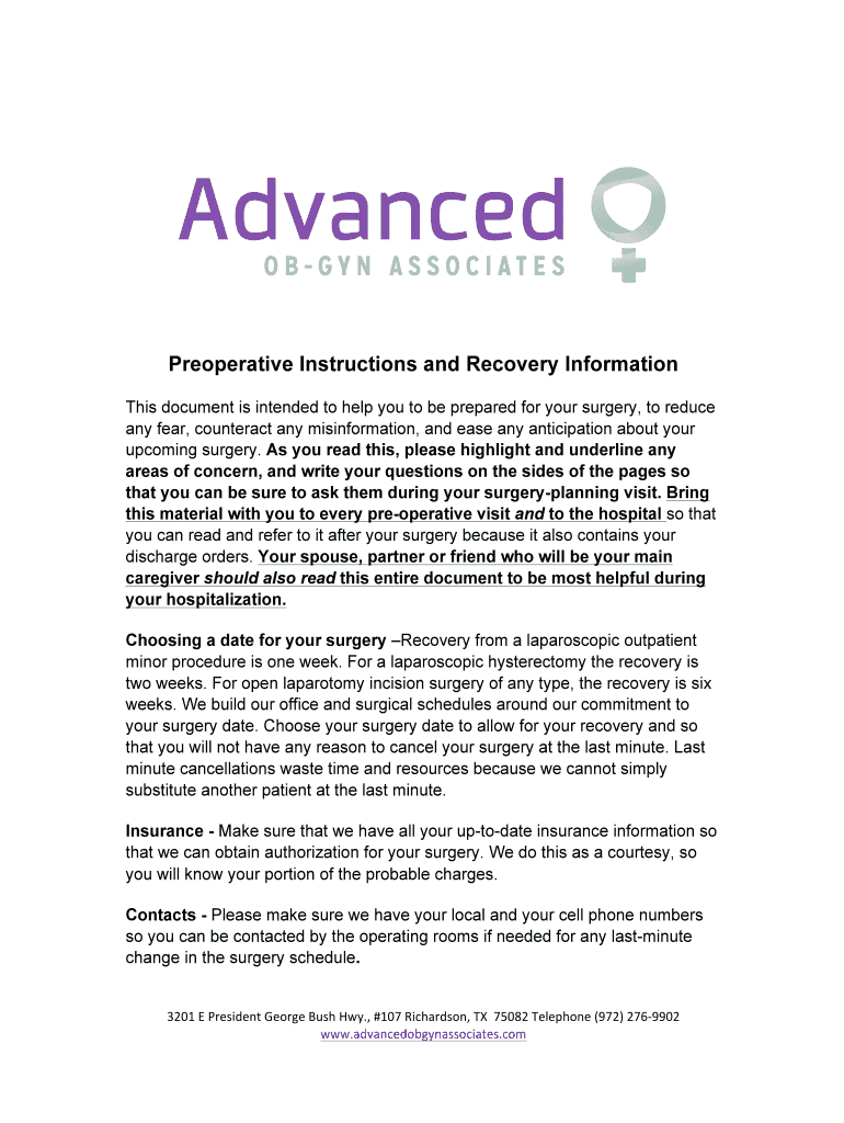 Fillable Online Preoperative Instructions and Recovery Information Fax Email Print - pdfFiller