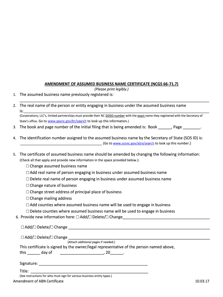 Fillable Online AMENDMENT OF ASSUMED BUSINESS NAME CERTIFICATE (NCGS 66 ...