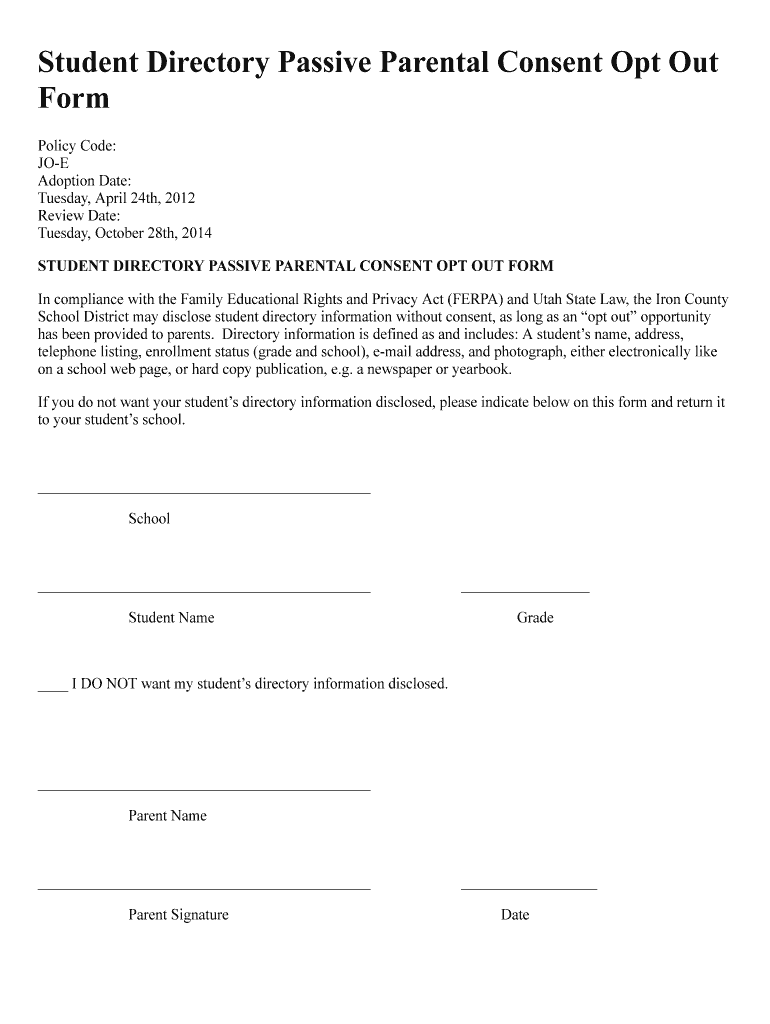 Fillable Online Student Directory Passive Parental Consent Opt Out Fax ...