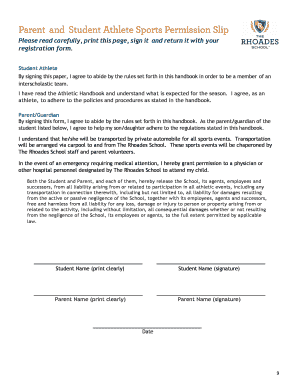 Fillable Online Parent and Student Athlete Sports Permission Slip Fax Email Print - pdfFiller