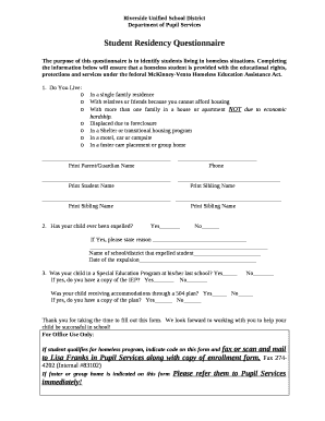 The purpose of this questionnaire is to identify students living in ...