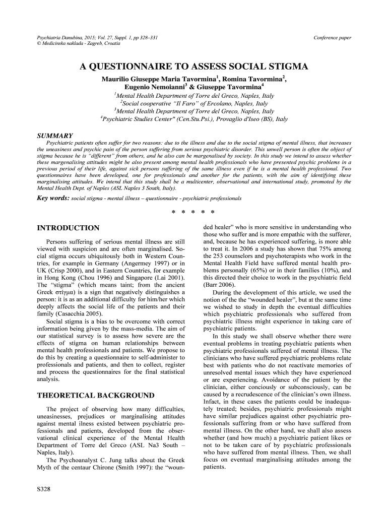Fillable Online A QUESTIONNAIRE TO ASSESS SOCIAL STIGMA Fax Email Print ...