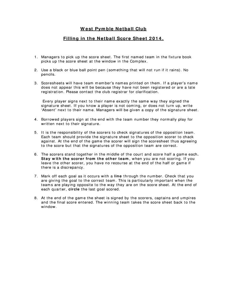 Fillable Online Filling in the Netball Score Sheet 2014 Fax Email Print ...