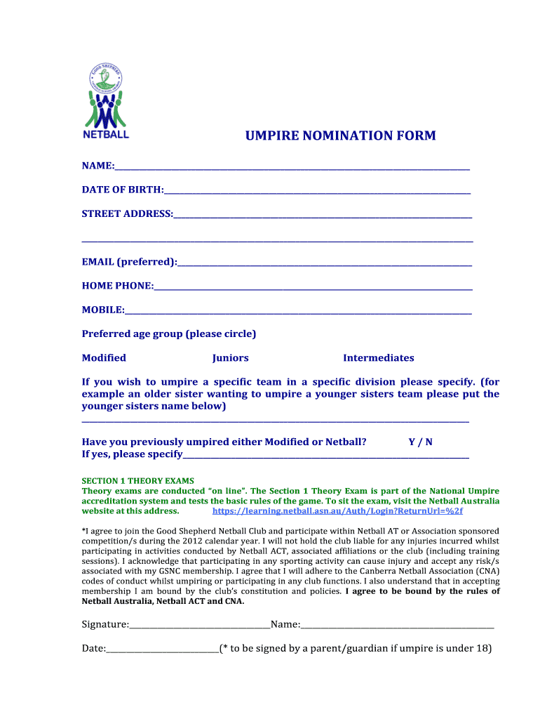 Fillable Online UMPIRE NOMINATION FORM Fax Email Print - pdfFiller