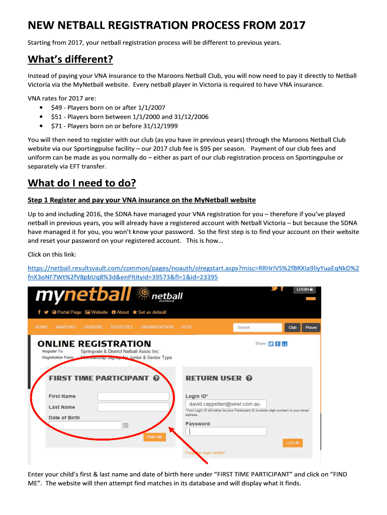 Fillable Online Starting from 2017, your netball registration process ...