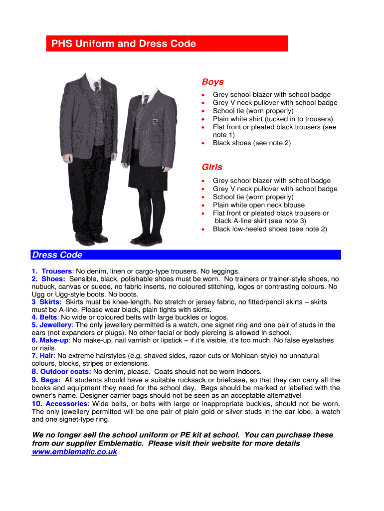 Fillable Online PHS Uniform and Dress Code Fax Email Print - pdfFiller