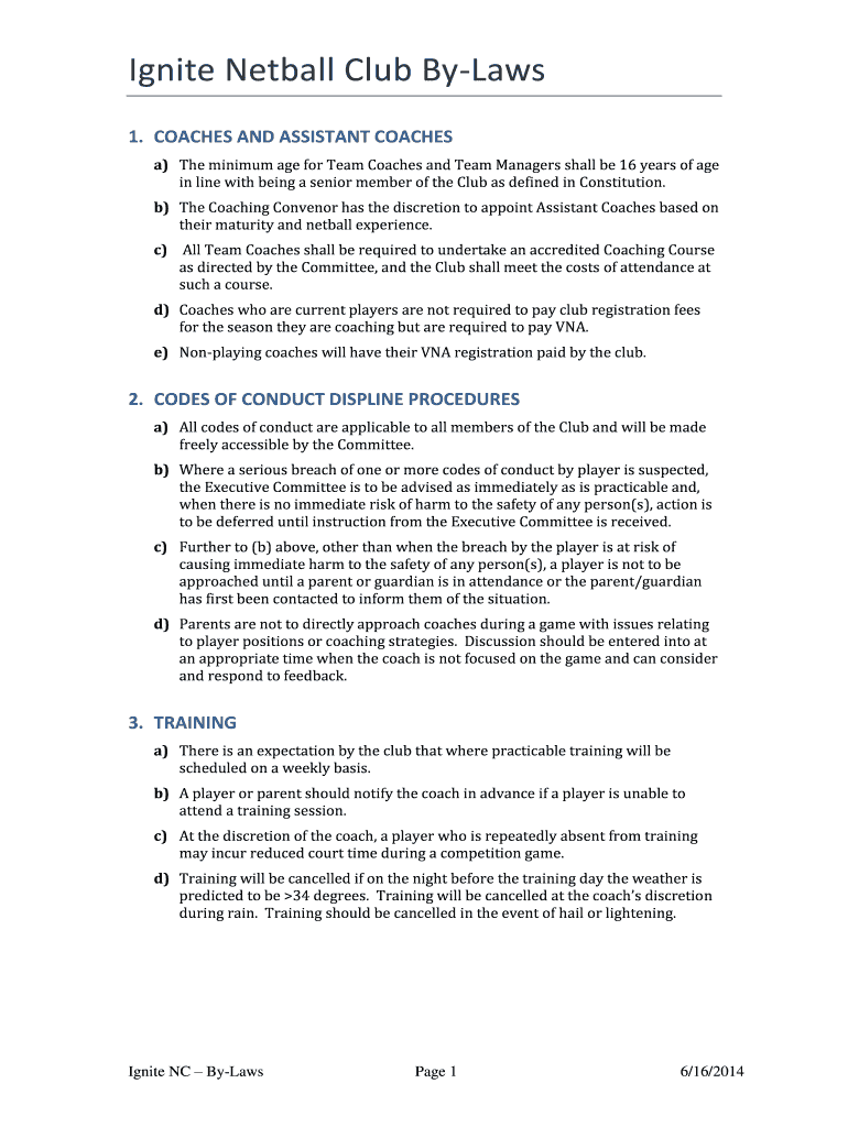 Fillable Online Ignite Netball Club By-Laws Fax Email Print - pdfFiller