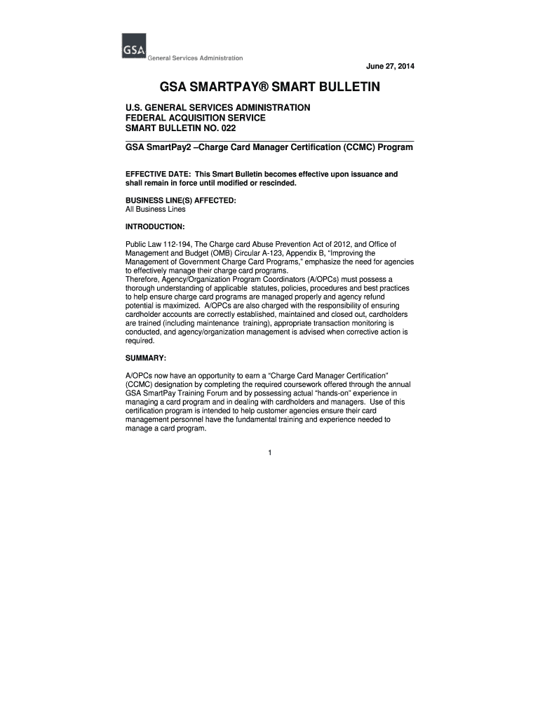 Fillable Online GSA SmartPay2 Charge Card Manager Certification (CCMC ...