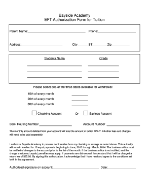 Fillable Online EFT Authorization Form for Tuition Fax Email Print ...