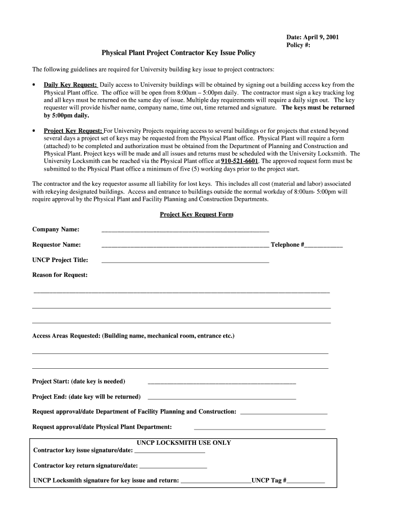 Fillable Online Physical Plant Project Contractor Key Issue Policy Fax ...