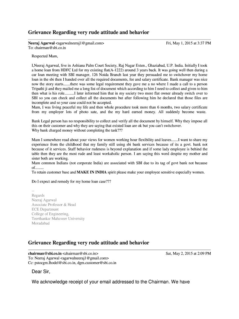 Fillable Online Grievance Regarding very rude attitude and behavior Fax ...