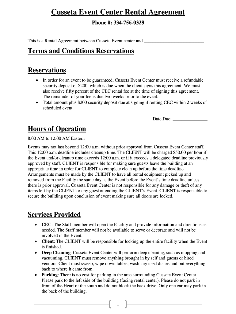 Fillable Online Cusseta Event Center Rental Agreement Fax Email Print ...